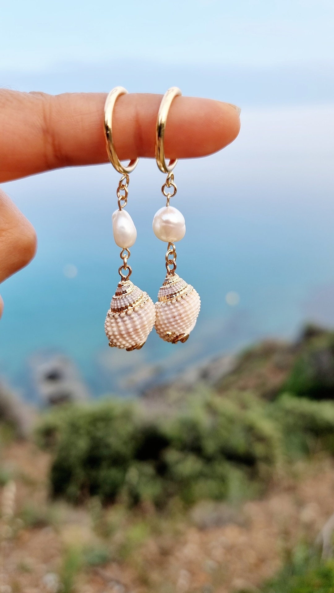 Gold Dangle Shellfish Whelk and Pearl Hoop Earrings, 18k Gold Filled ...