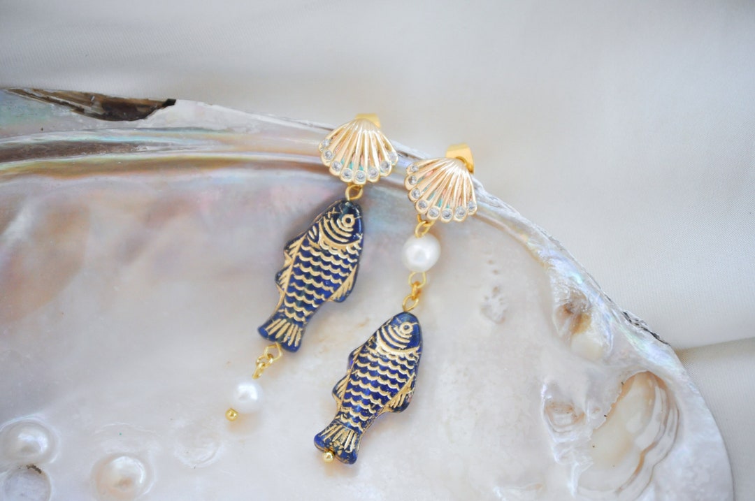 Mismatched Shell and Blue Crystal Fish Earrings, Blue Czech Gold ...