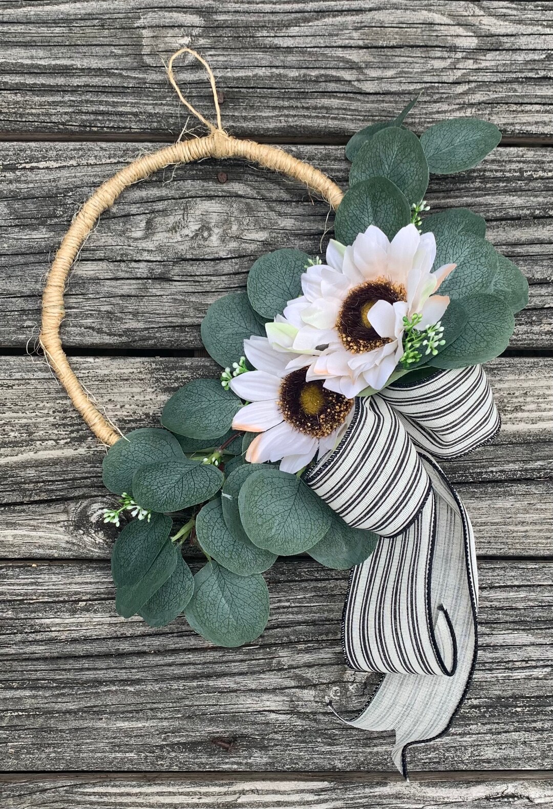 Fall Sunflower Wreath: Minimalist Twine Hoop, Eucalyptus & Ticking Bow ...