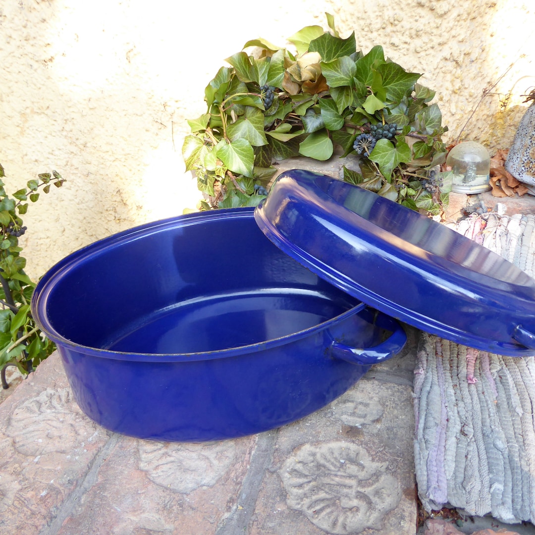 Vintage Heavy Roaster Frying Pan With Lid Metal Blue Enamelled - Etsy