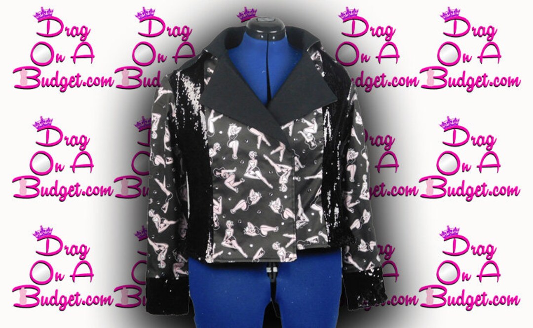 Pin up Jacket - Black Denim - Pin up Print - Black Sequin - Gray Rhinestones - Unique - Creative ...