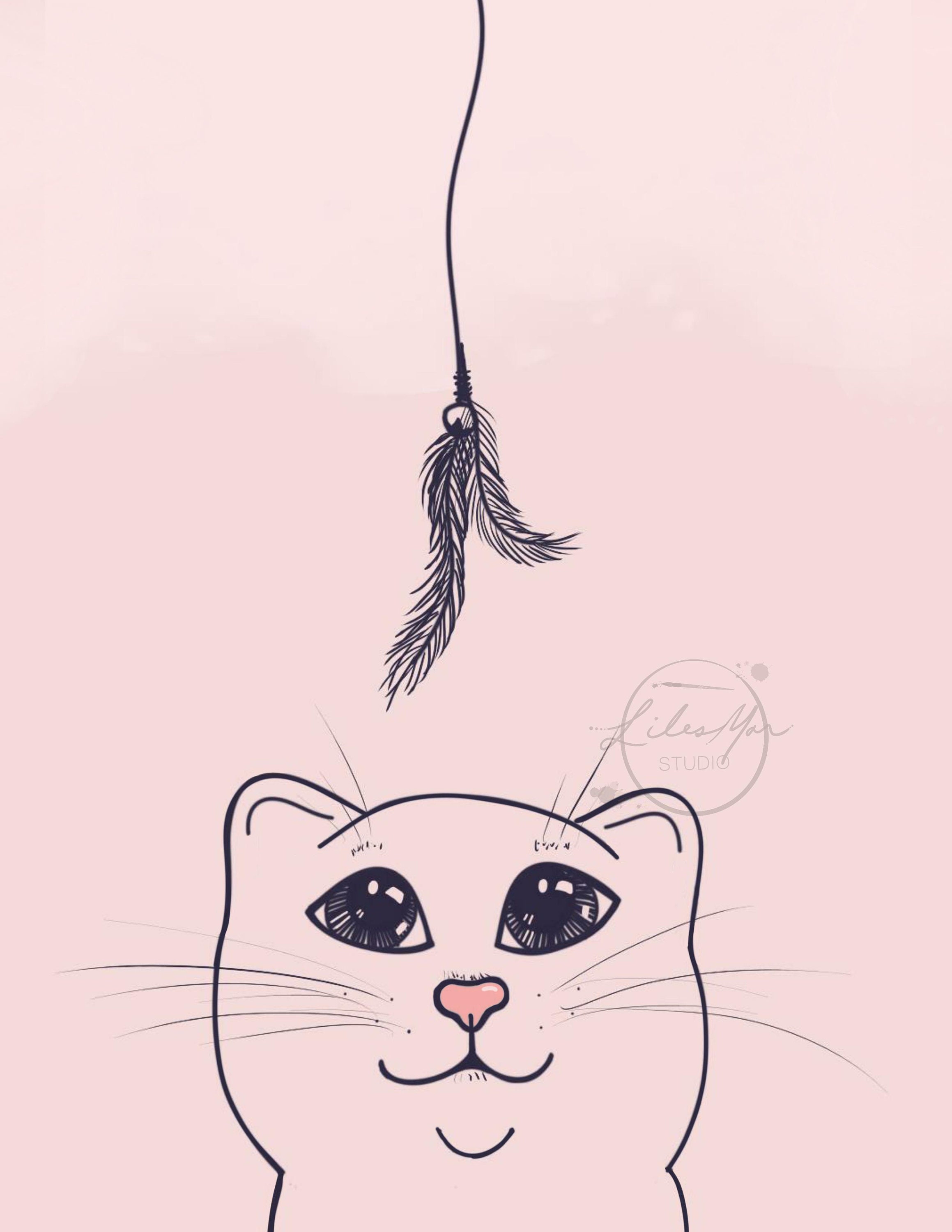 Playful Kitty | Cat Wall Decor| Kitten | Digital Art | Pink | Feathers ...