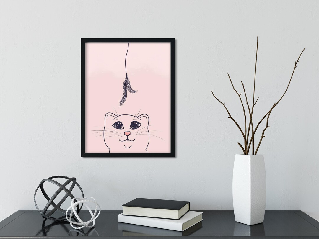Playful Kitty | Cat Wall Decor| Kitten | Digital Art | Pink | Feathers ...