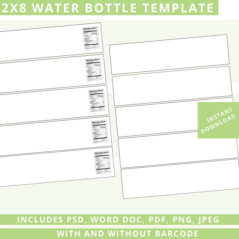 Blank Printable Instant Download, 2x8 Water Bottle Template, on 8.5x11 ...
