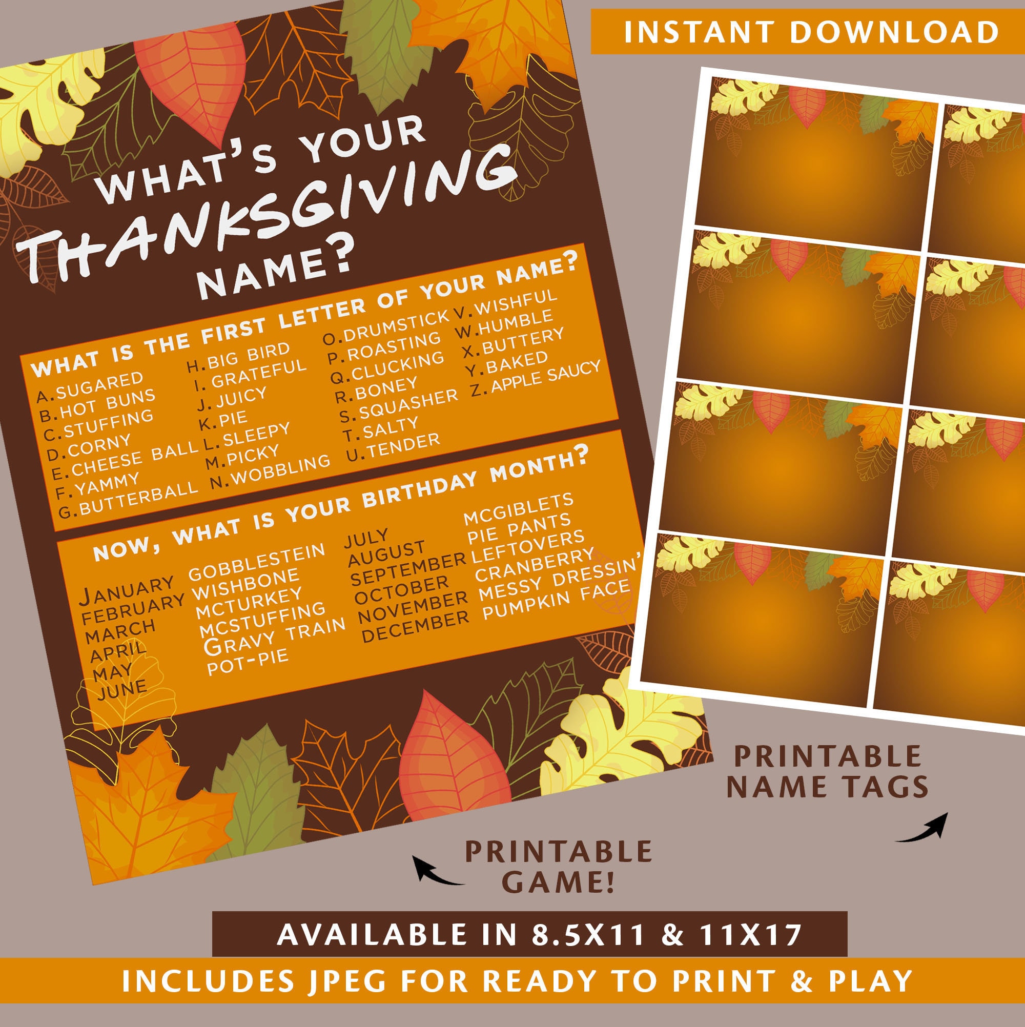 Thanksgiving Party Game, What's Your Thanksgiving Name, Turkey Day ...