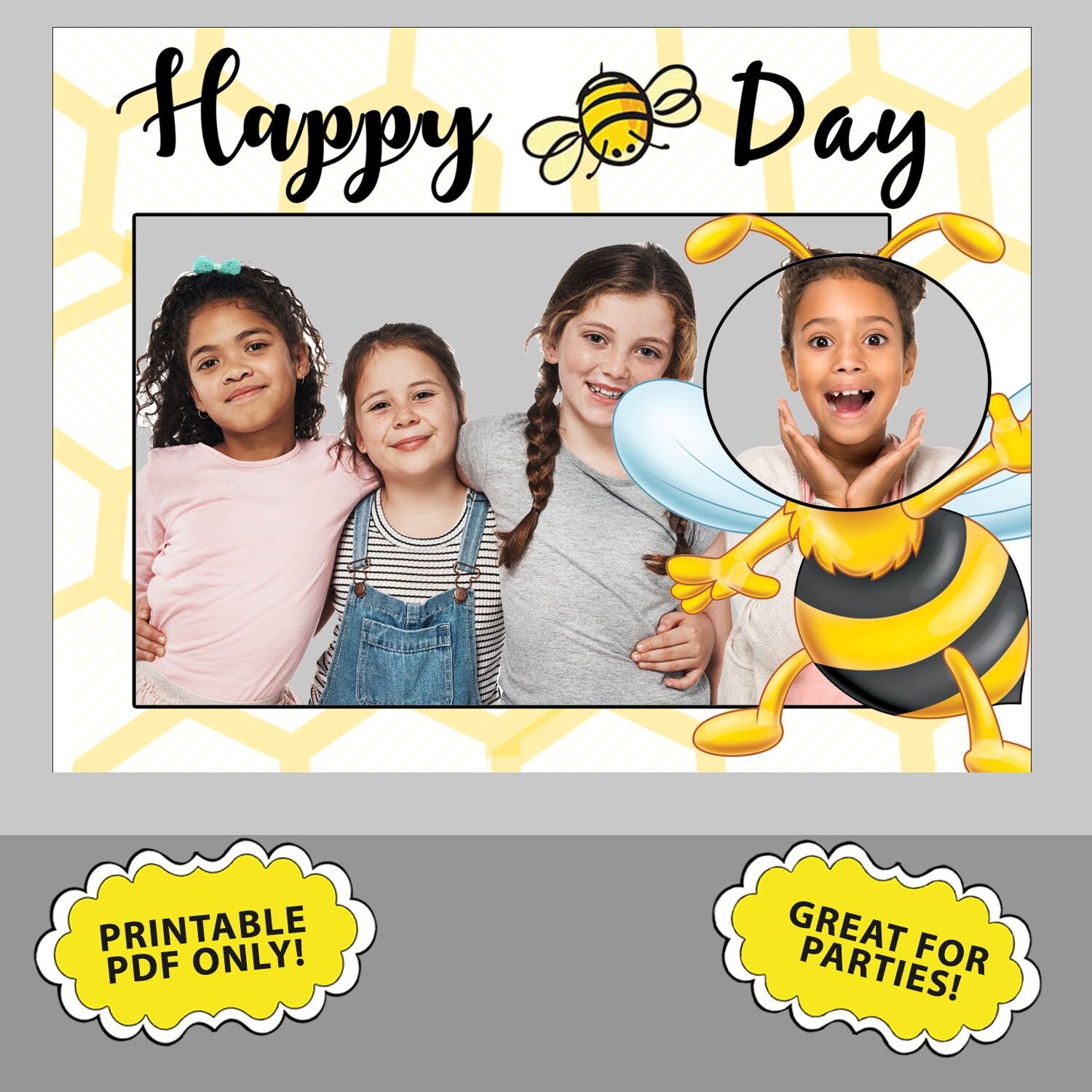 PRINTABLE Bee Theme Photo Frame, White Yellow Bee Photobooth Frame ...