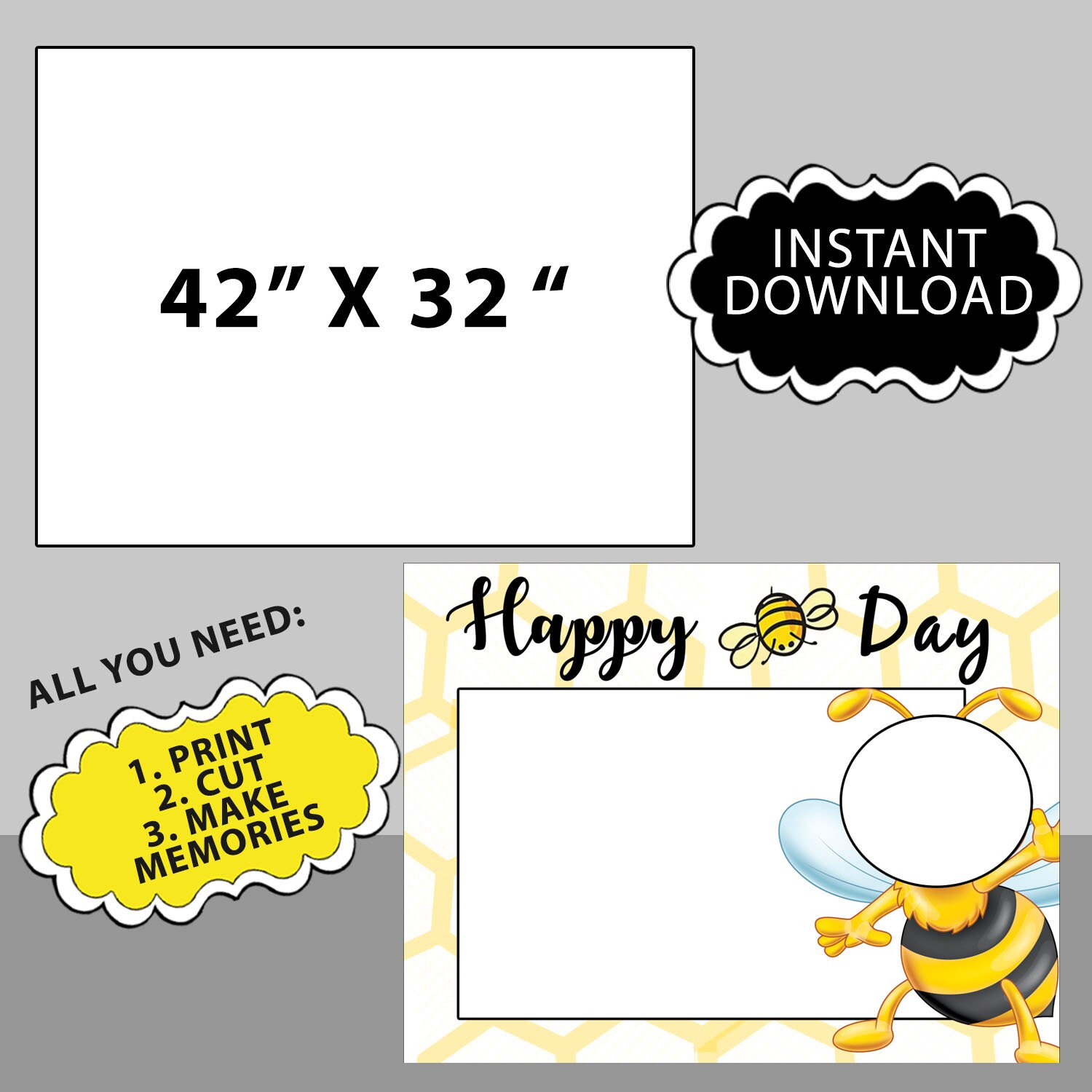 PRINTABLE Bee Theme Photo Frame, White Yellow Bee Photobooth Frame ...