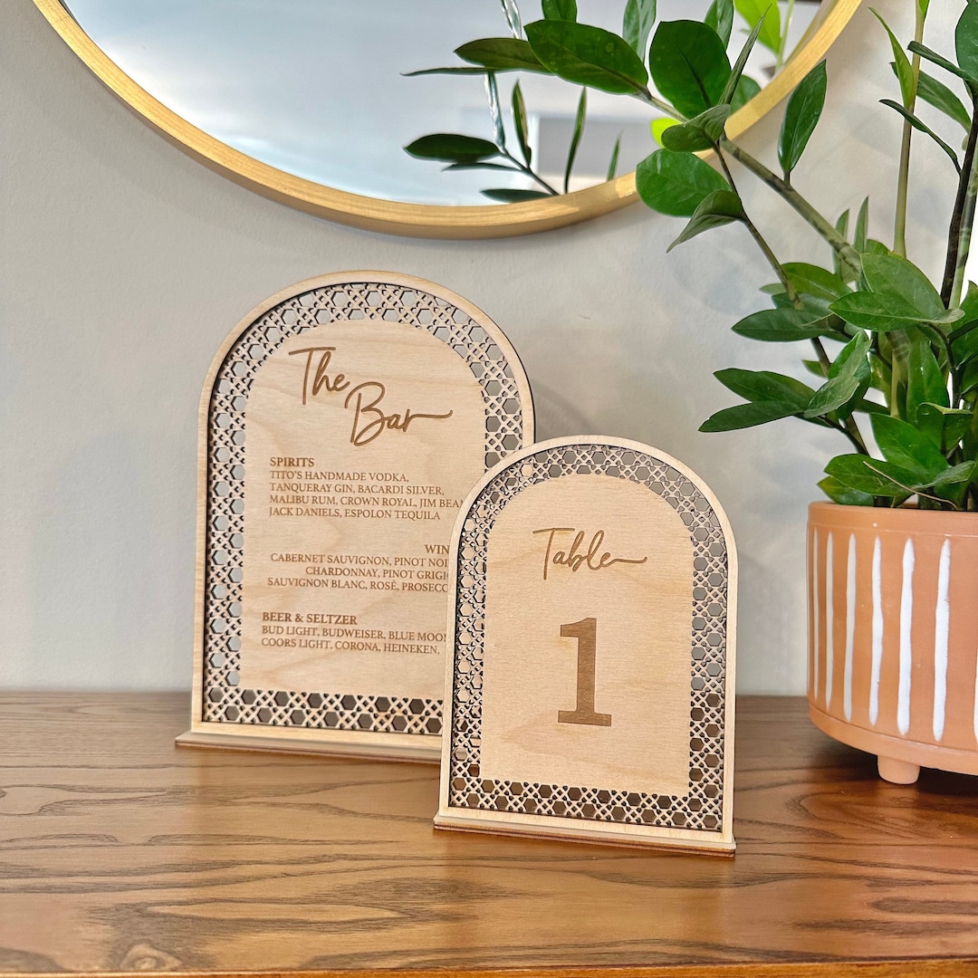 Rattan Bar Menu Sign, Rattan Table Numbers, Boho Wedding, Wedding Wood ...