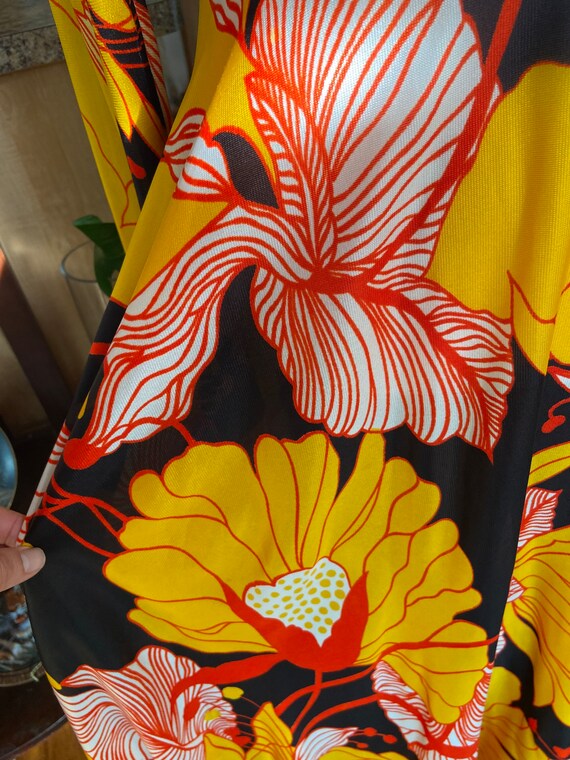 1970s Tropical Floral Ling Sleeve Circle Dress Gem