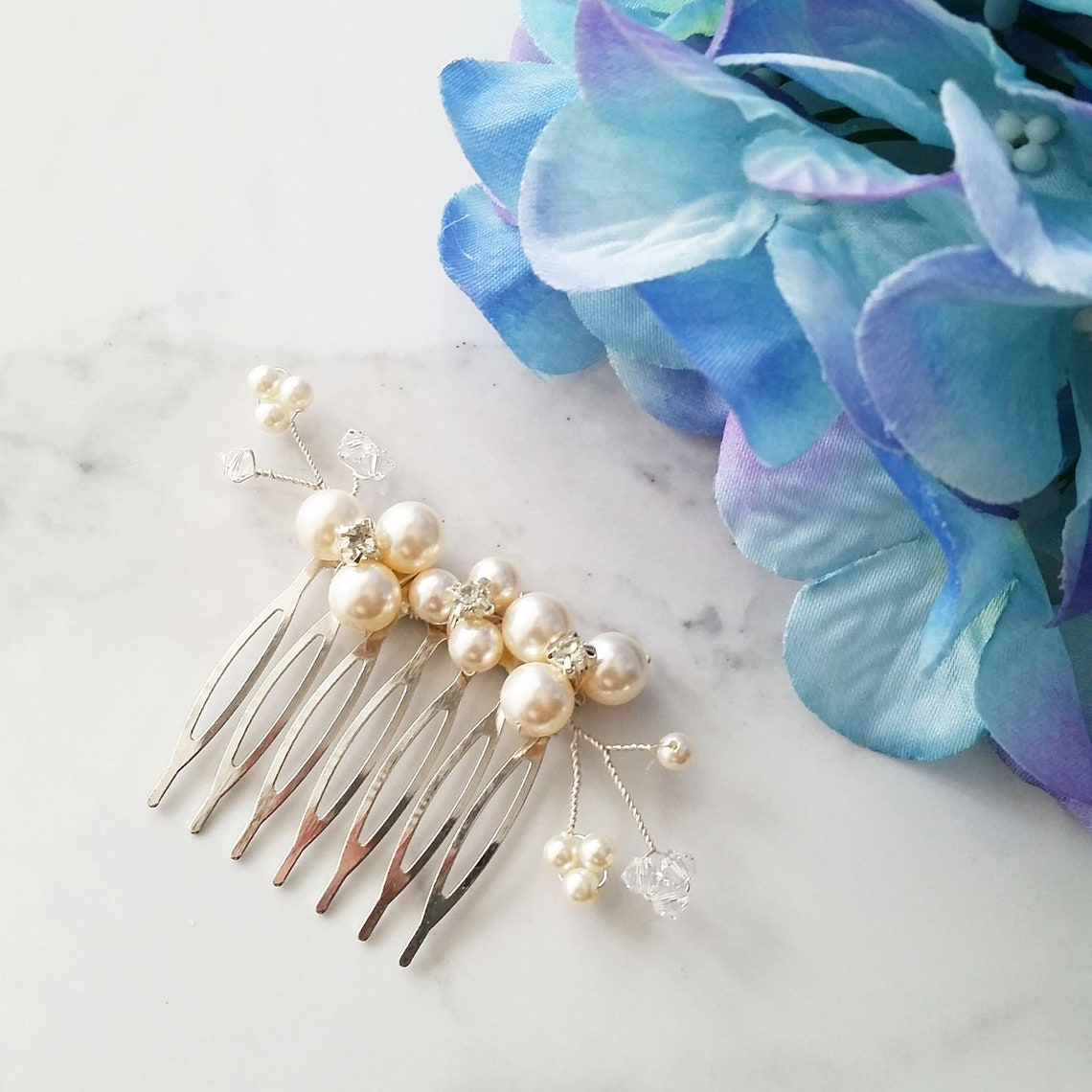 Silver Pearl Comb, Pearl Wrapped Flower Hair Comb, Swarovski Crystal ...