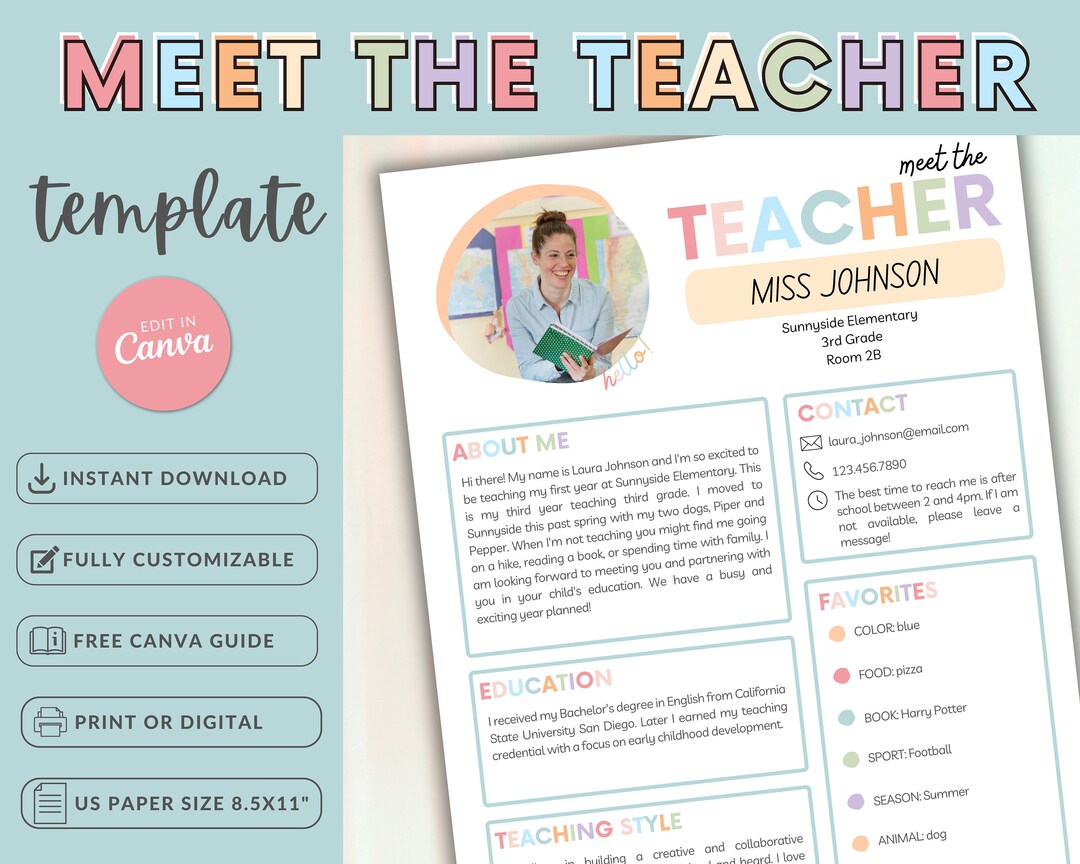 Editable Meet the Teacher Form: Rainbow Pastel Canva Template for ...