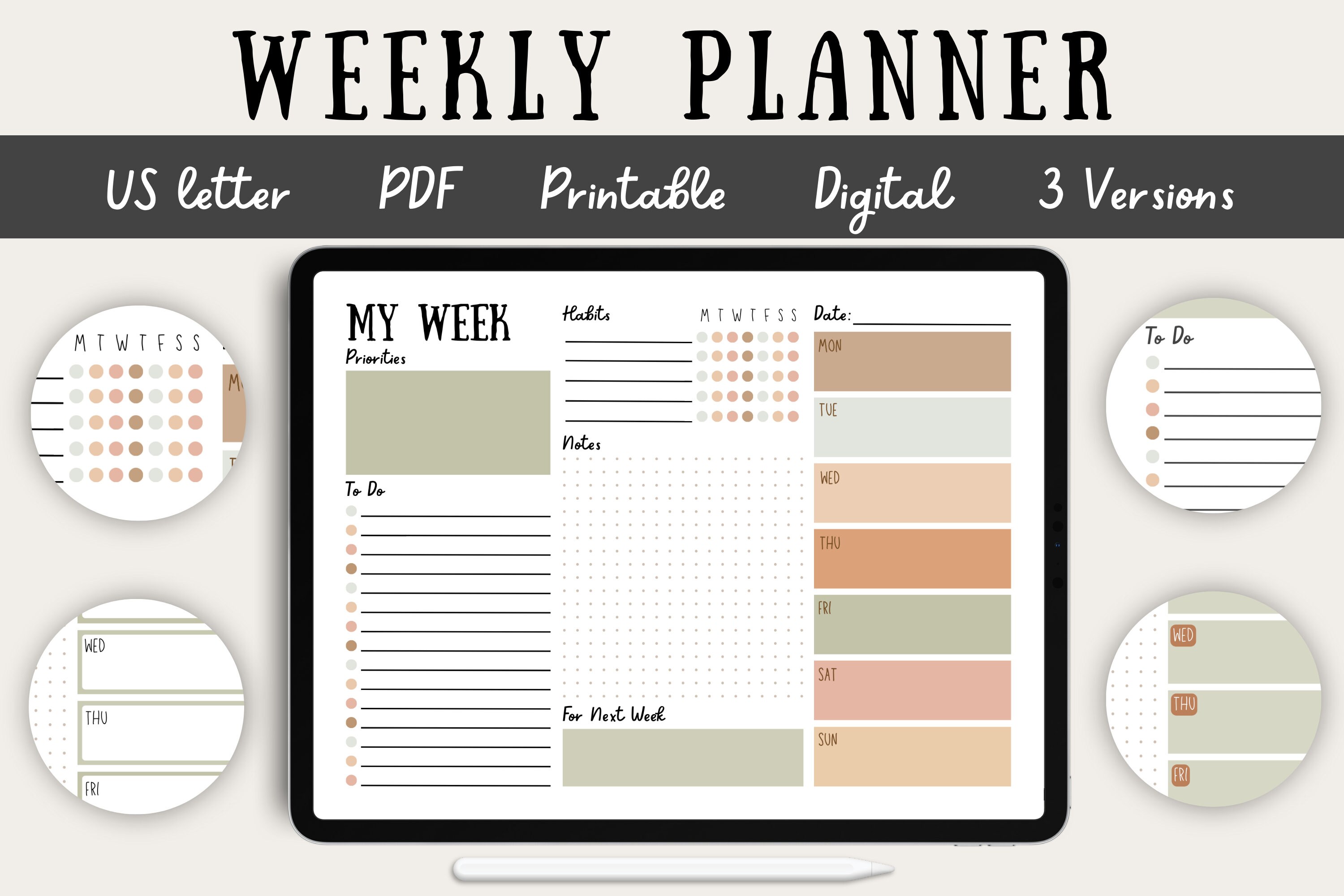 Weekly Planner Template Printable and Digital PDF Landscape Dashboard ...