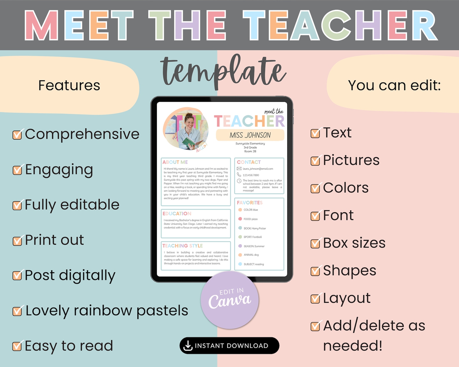 Editable Meet the Teacher Form: Rainbow Pastel Canva Template for ...