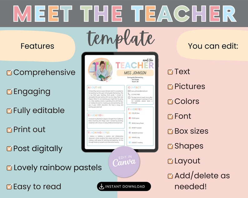 Editable Meet the Teacher Form: Rainbow Pastel Canva Template for ...