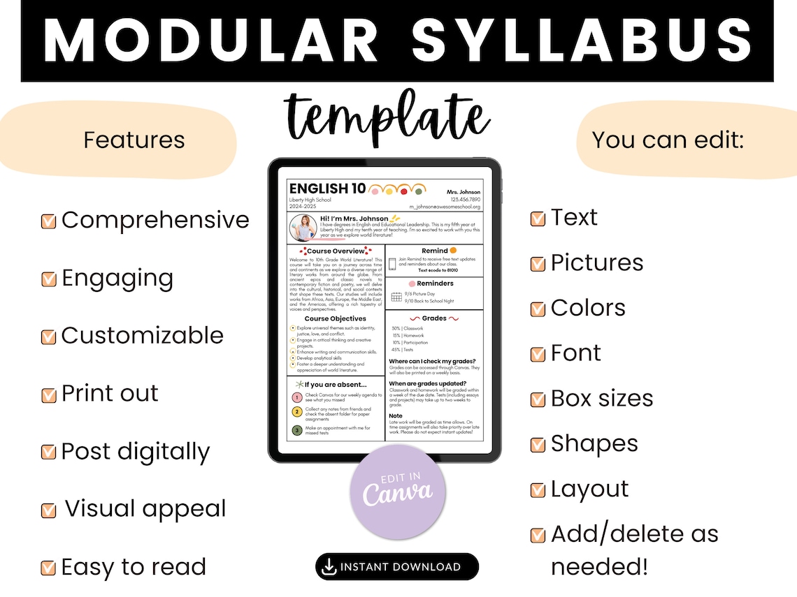 Custom Syllabus Template | Modular Syllabus Creator System | Editable ...