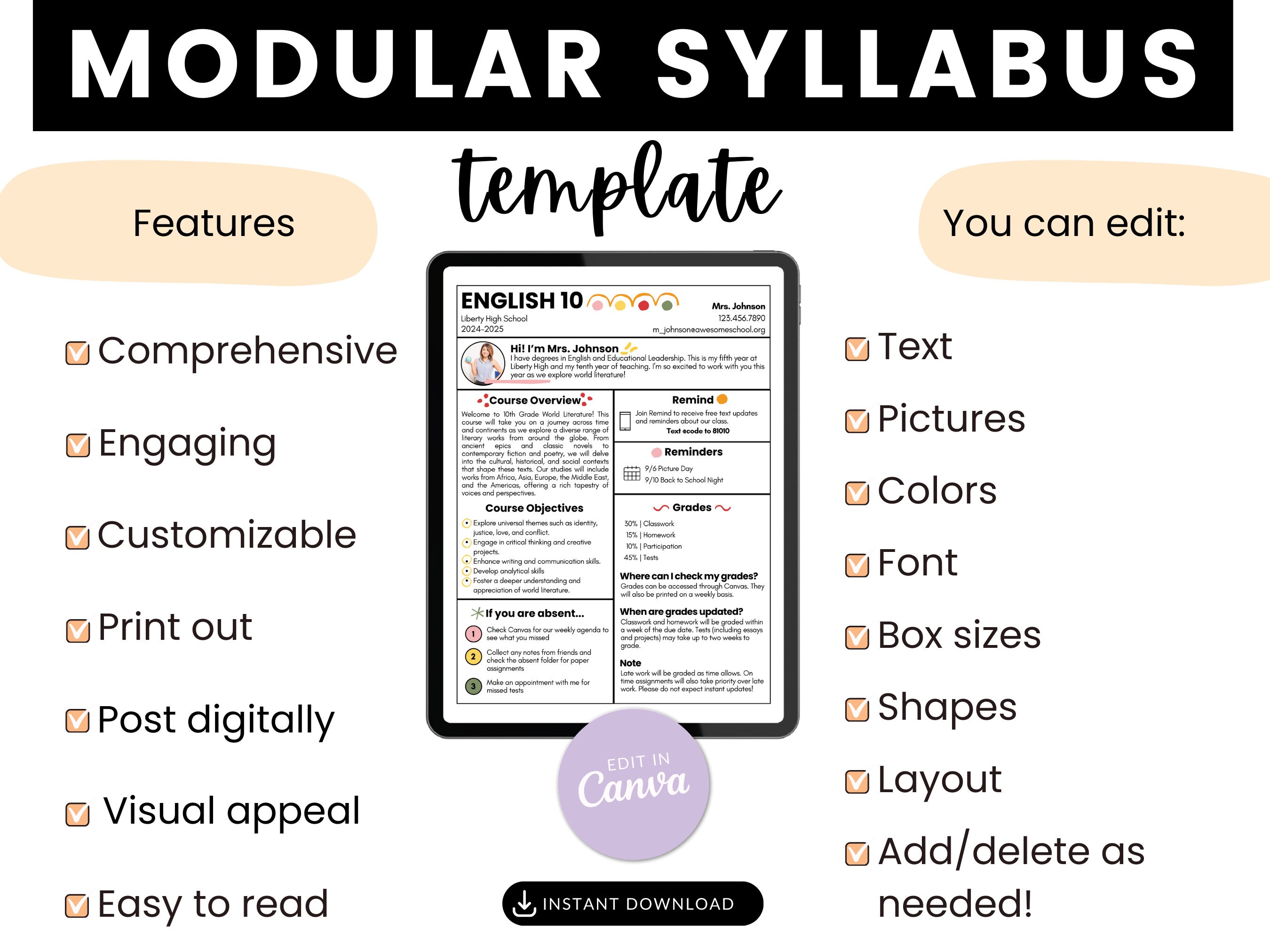 Custom Syllabus Template | Modular Syllabus Creator System | Editable ...