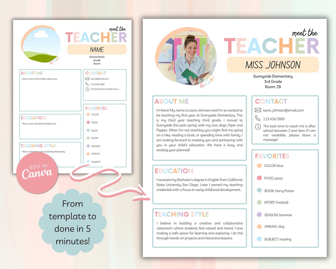 Editable Meet the Teacher Form: Rainbow Pastel Canva Template for ...