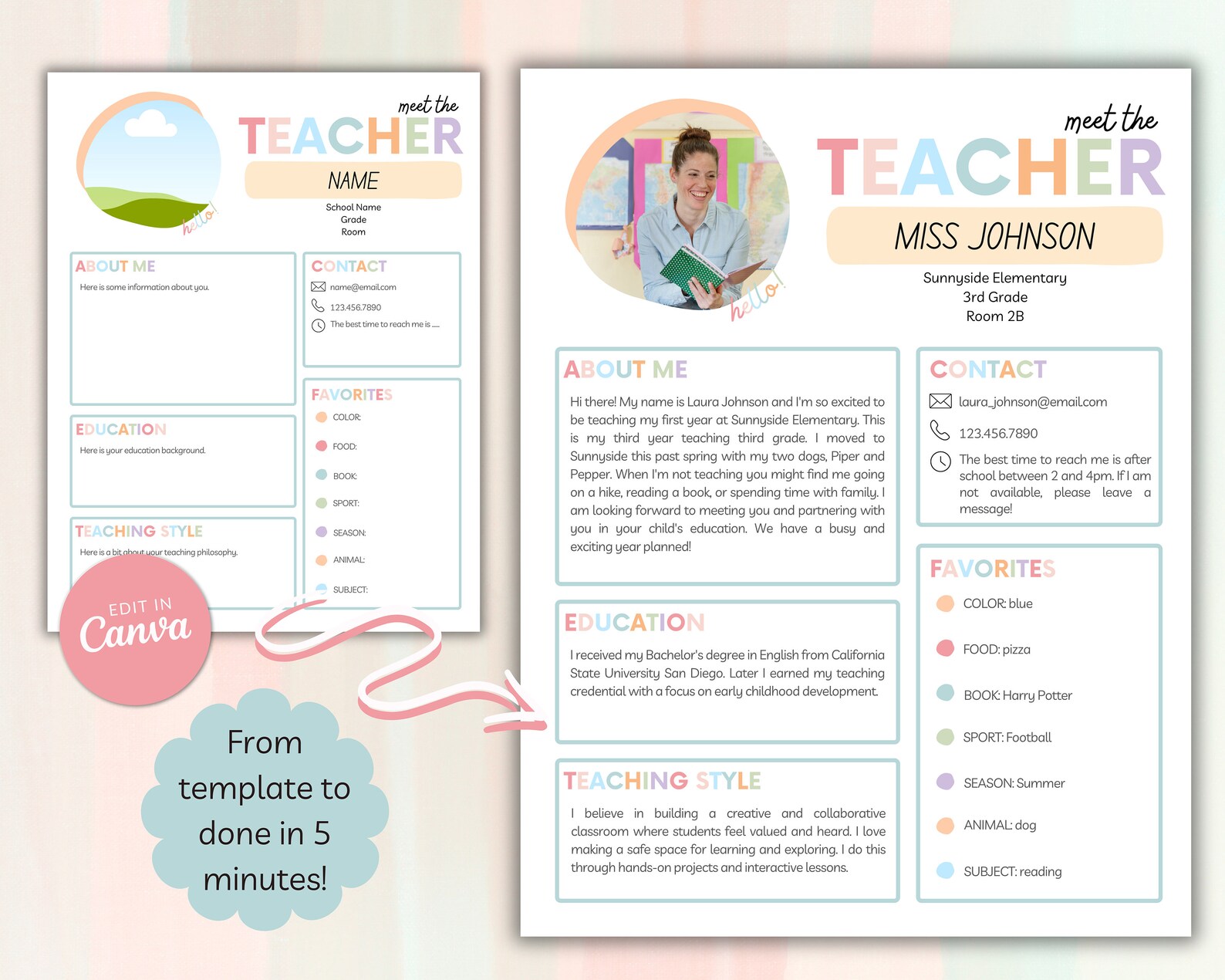 Editable Meet the Teacher Form: Rainbow Pastel Canva Template for ...