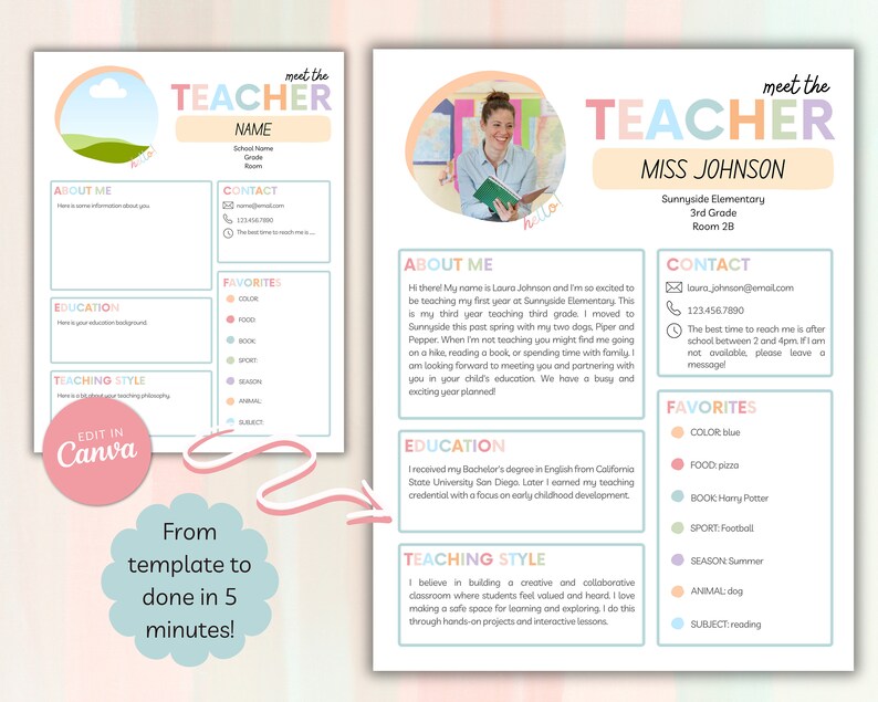 Editable Meet the Teacher Form: Rainbow Pastel Canva Template for ...