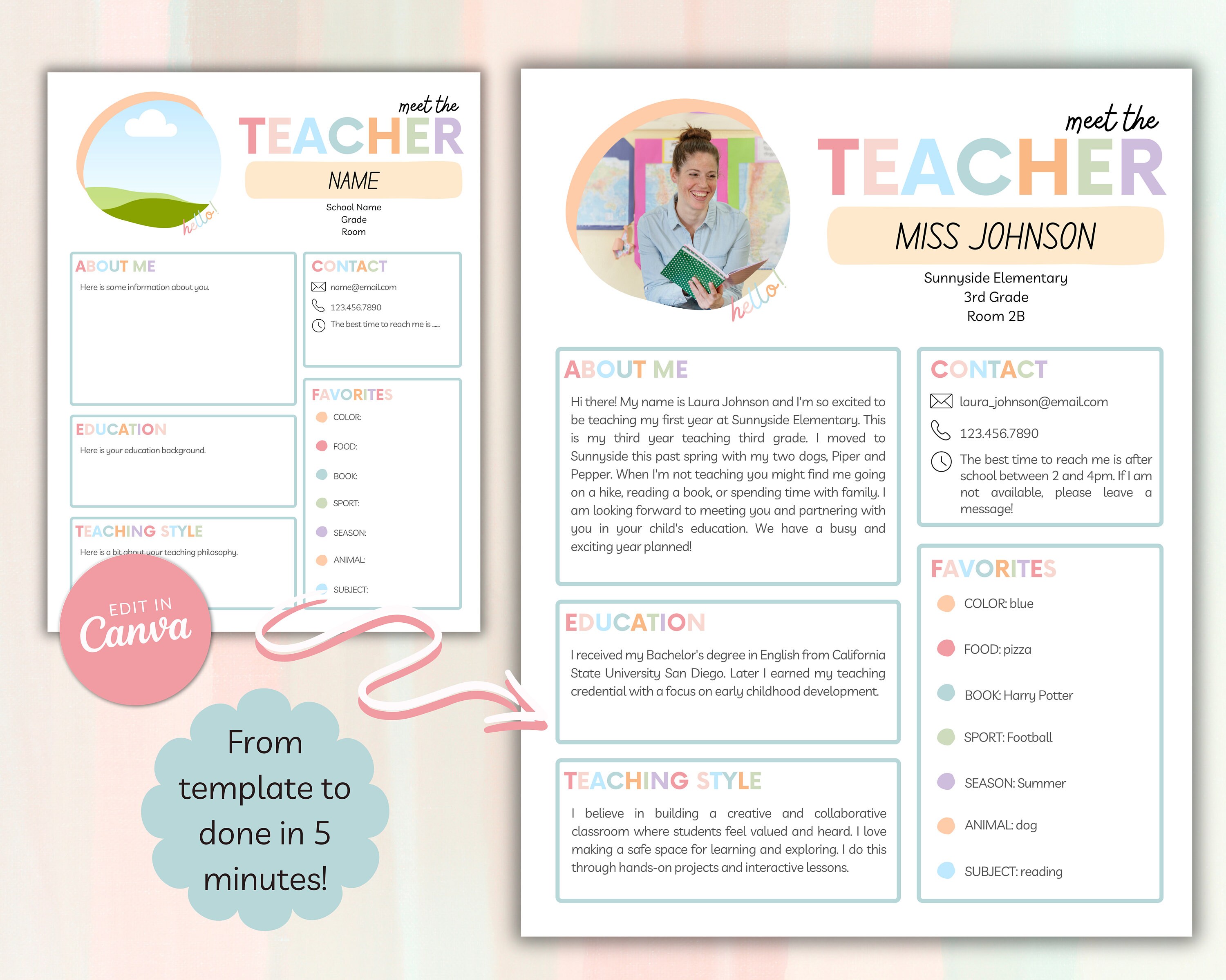 Editable Meet the Teacher Form: Rainbow Pastel Canva Template for ...