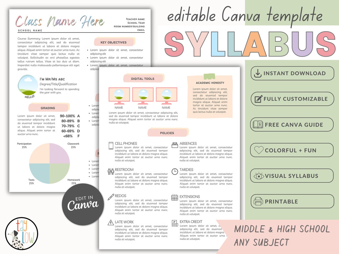 Editable Syllabus Template for Middle & High School Visual, Colorful ...