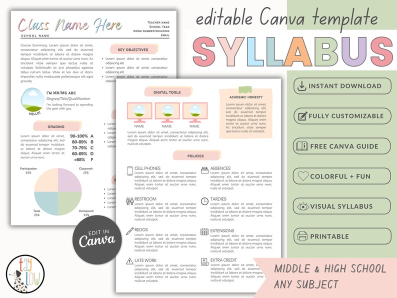 Editable Syllabus Template for Middle & High School Visual, Colorful ...
