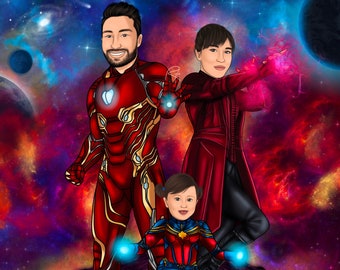 Custom Personalized Family Caricature, Group Caricature, Superhero ...