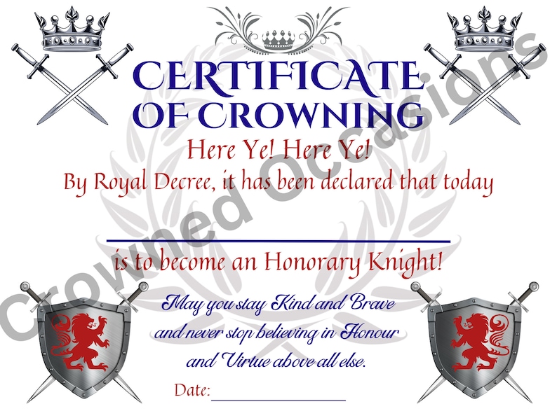Prince Certificate AND Knight Certificate, Prince Party Favor, Prince ...