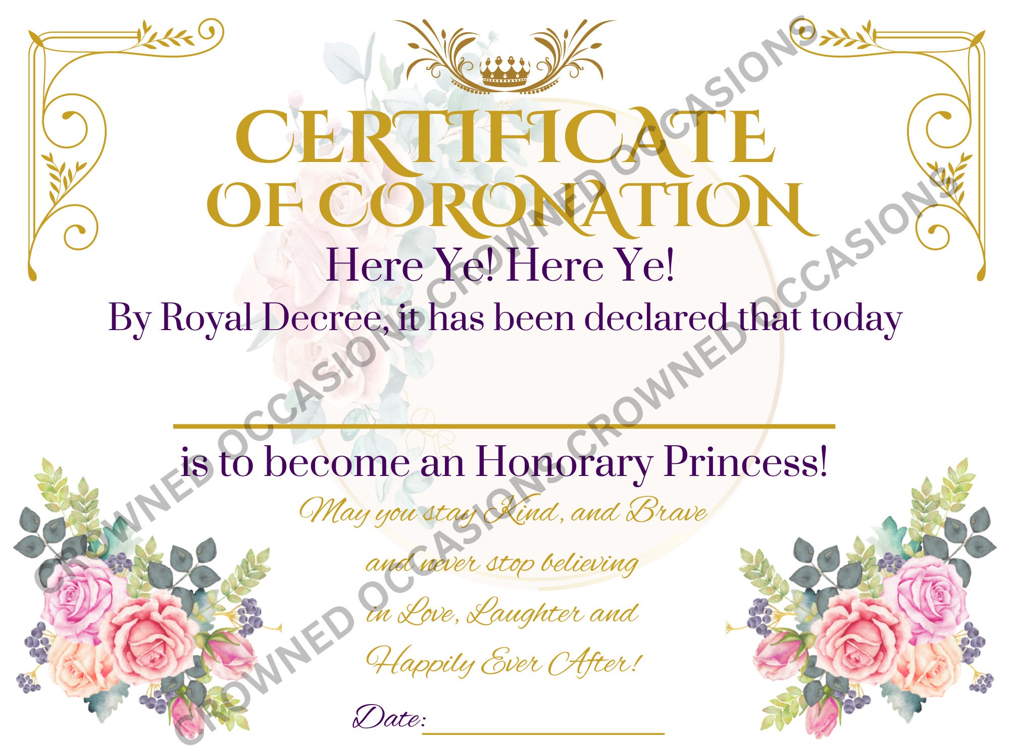 Personalized Princess Party Coronation Certificate, Princess Crowning ...