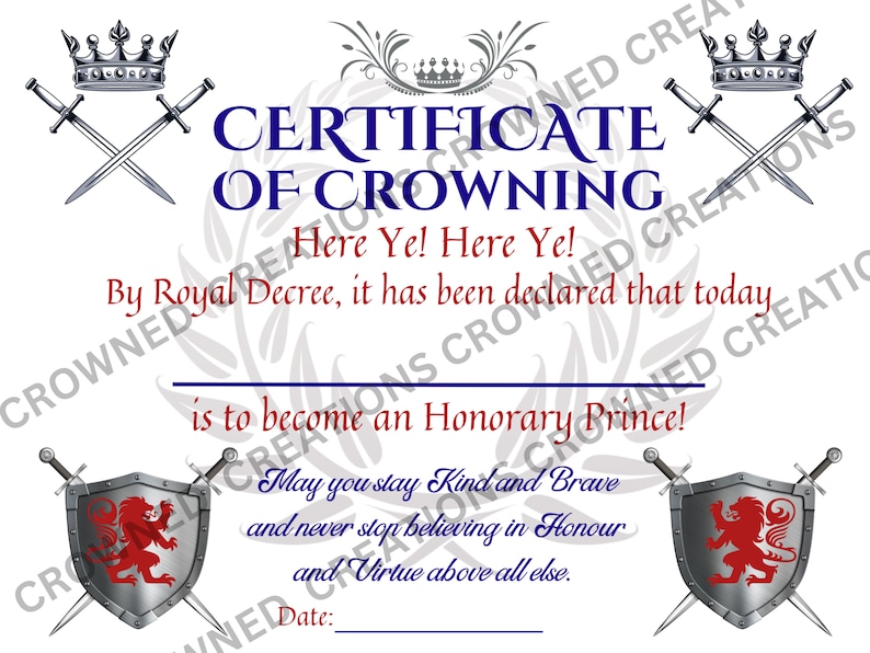 Prince Certificate AND Knight Certificate, Prince Party Favor, Prince ...