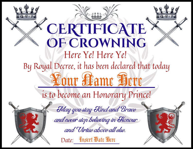 Prince Certificate AND Knight Certificate, Prince Party Favor, Prince ...