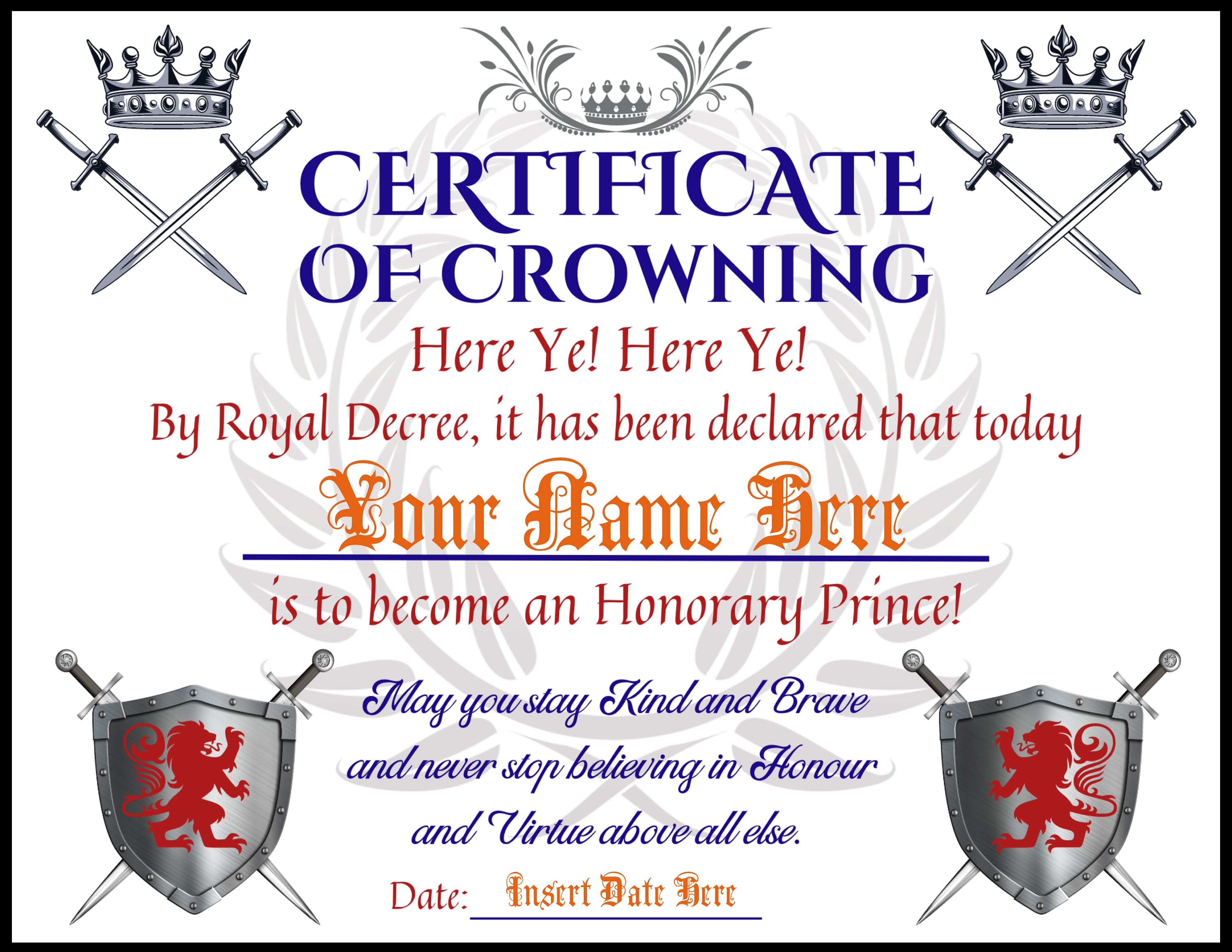 Prince Certificate AND Knight Certificate, Prince Party Favor, Prince ...