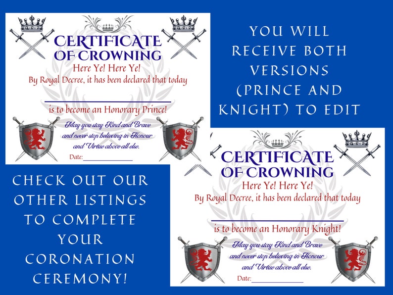 Prince Certificate AND Knight Certificate, Prince Party Favor, Prince ...