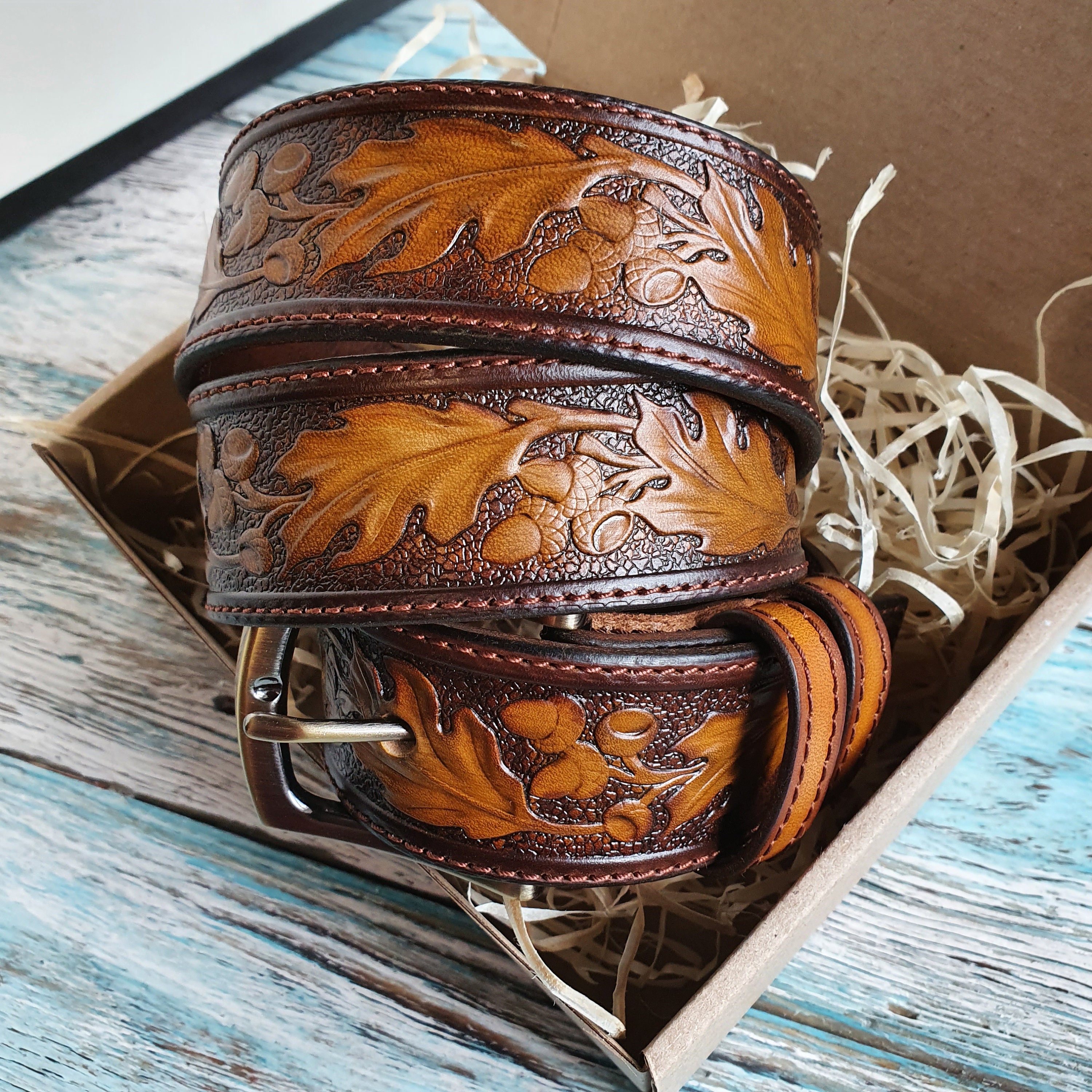 Men's leather belt Oak leaf belt Cowboy leather belt | Etsy