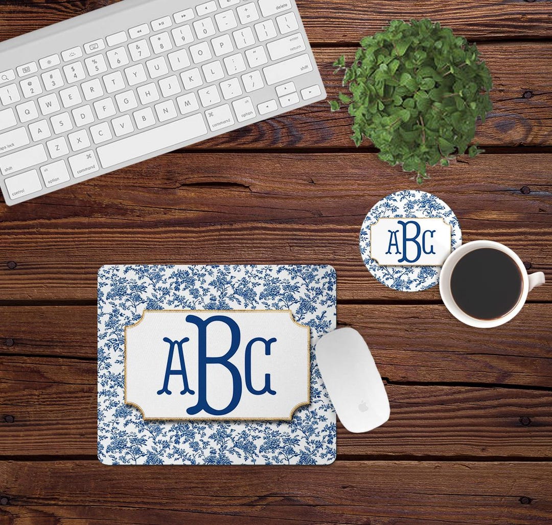 DIGITAL FILE Blue Floral Chinoiserie Mouse Pad and Coaster Desk Set ...