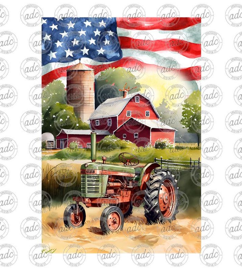 DIGITAL FILE Patriotic American Flag Farm Green Tractor Barn Garden ...