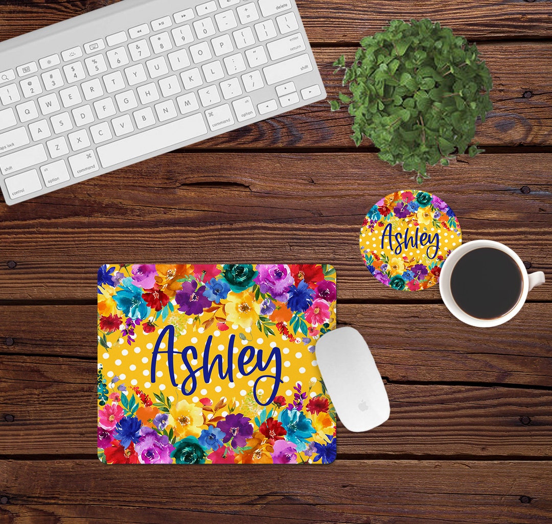 DIGITAL FILE Bright Mustard Floral Mouse Pad and Coaster Desk Set ...