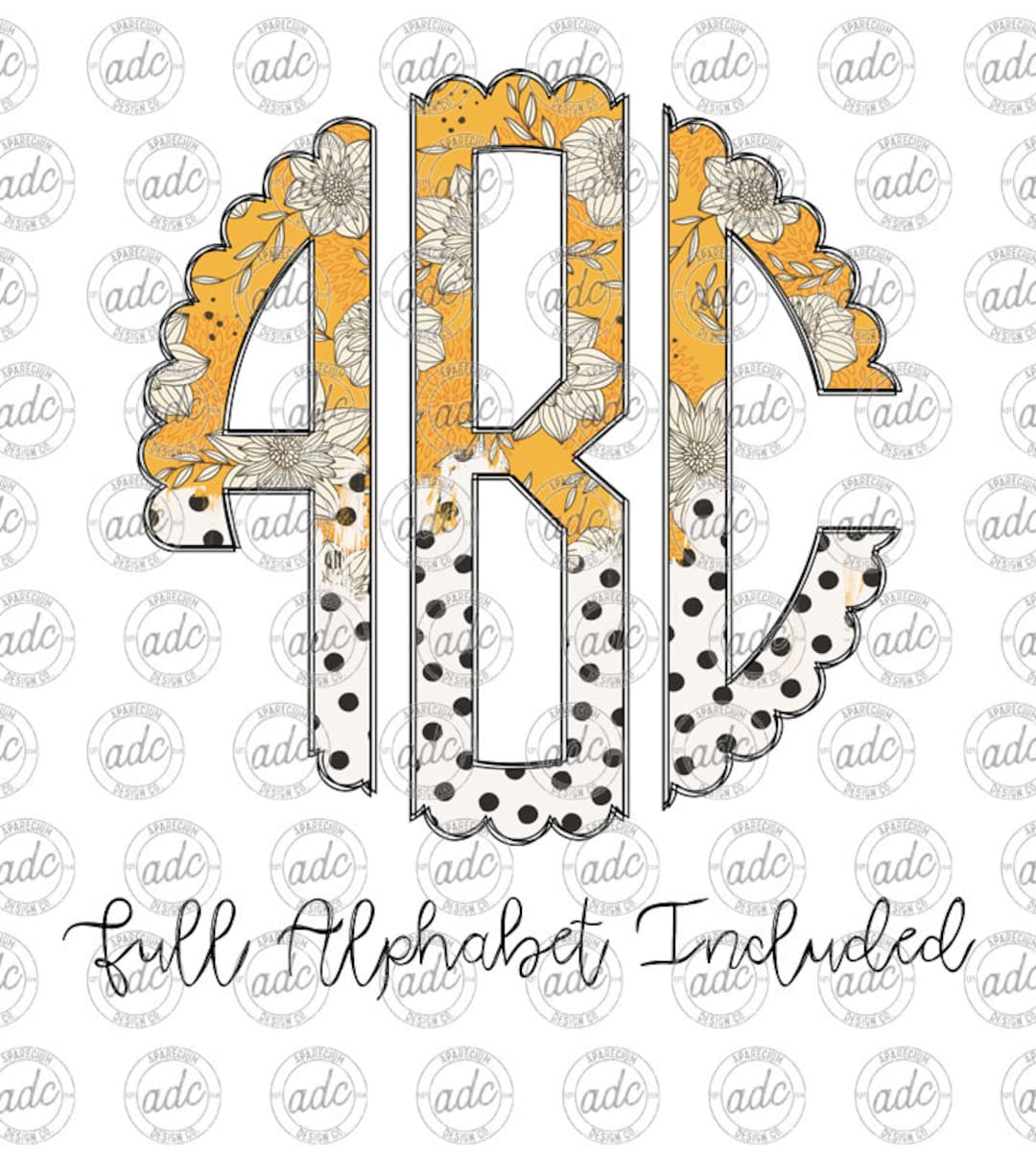 DIGITAL FILE Floral Mustard Dots Monogram Alphabet Bundle Sublimation ...