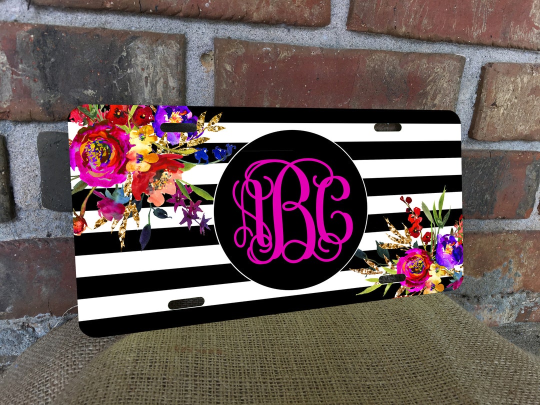 DIGITAL FILE Black and White Striped Floral License Plate Sublimation ...