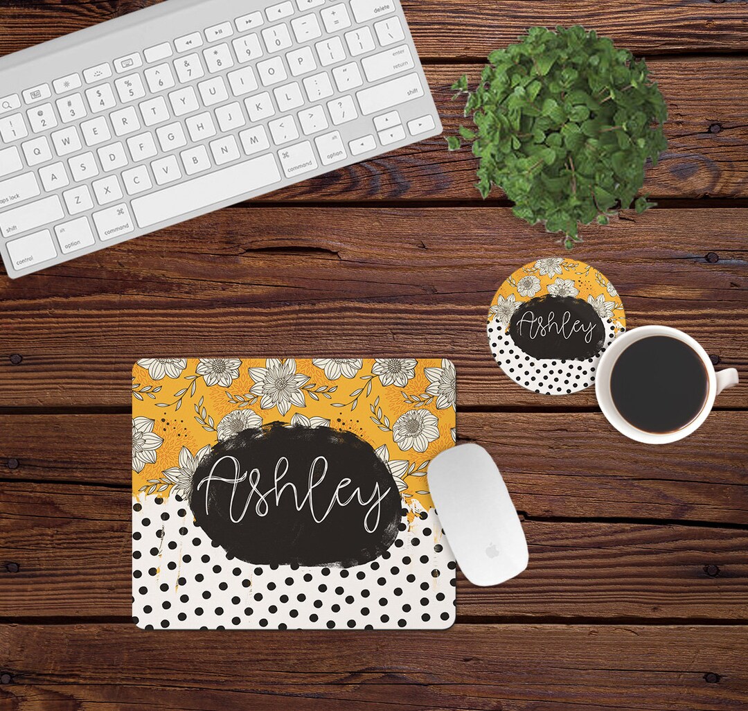 DIGITAL FILE Floral Mustard Dots Mouse Pad and Coaster Desk Set ...