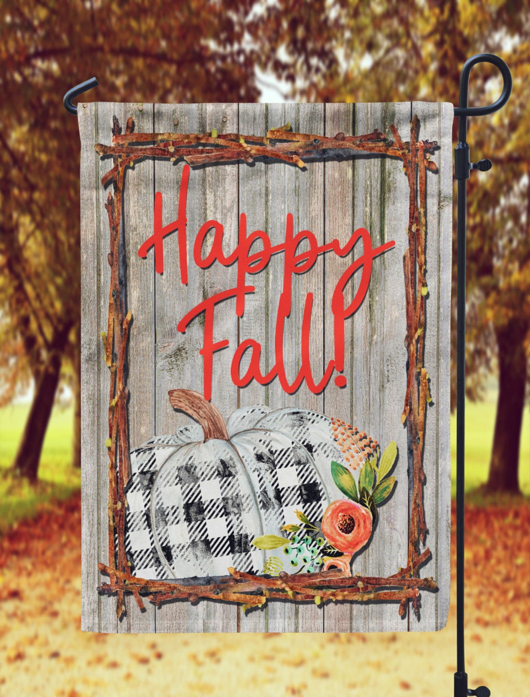 DIGITAL FILE Happy Fall Wooden White Buffalo Plaid Pumpkin Garden Flag ...