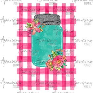 DIGITAL FILE Pink and Teal Gingham Mason Jar Garden Flag Sublimation ...