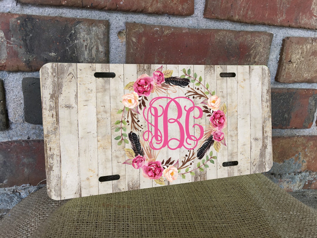 DIGITAL FILE Rustic Wooden Pink Floral Monogram License Plate ...