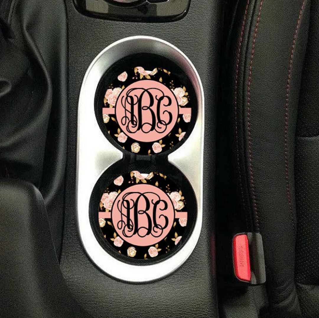 DIGITAL FILE Black and Rose Gold Floral Monogram Car Coaster ...
