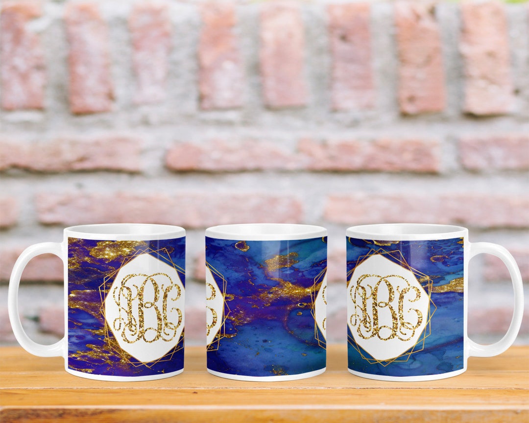 DIGITAL FILE Blue and Gold Inky Monogram Full Wrap Mug Sublimation ...