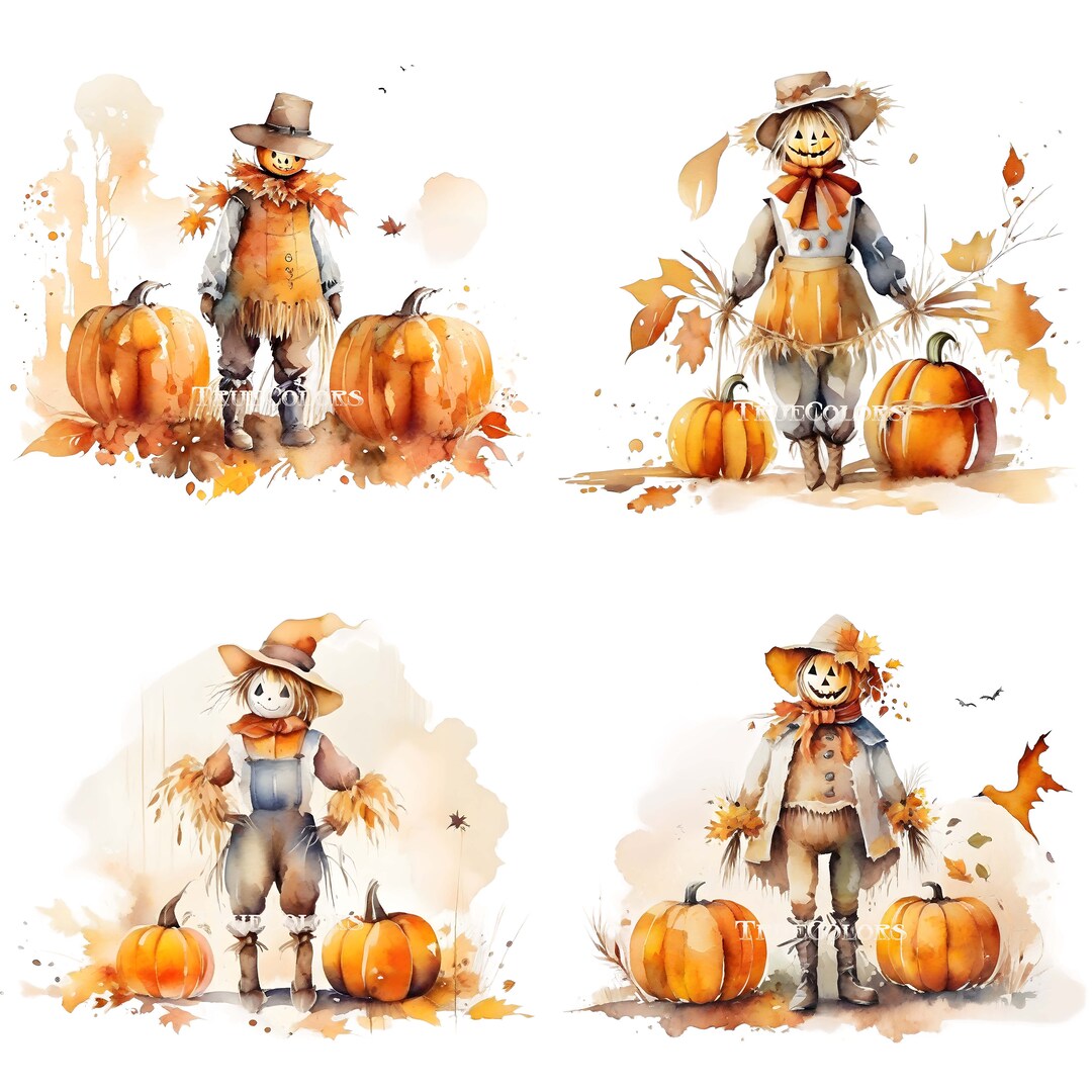 Autumn Fall Scarecrow Clipart Watercolor Bundle Cute Scarecrow Autumn ...