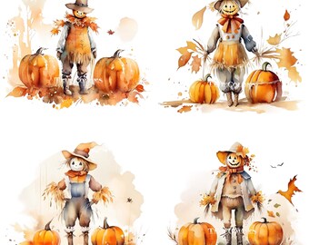 Autumn Fall Scarecrow PNG Clipart Watercolor Bundle Cute Scarecrow ...