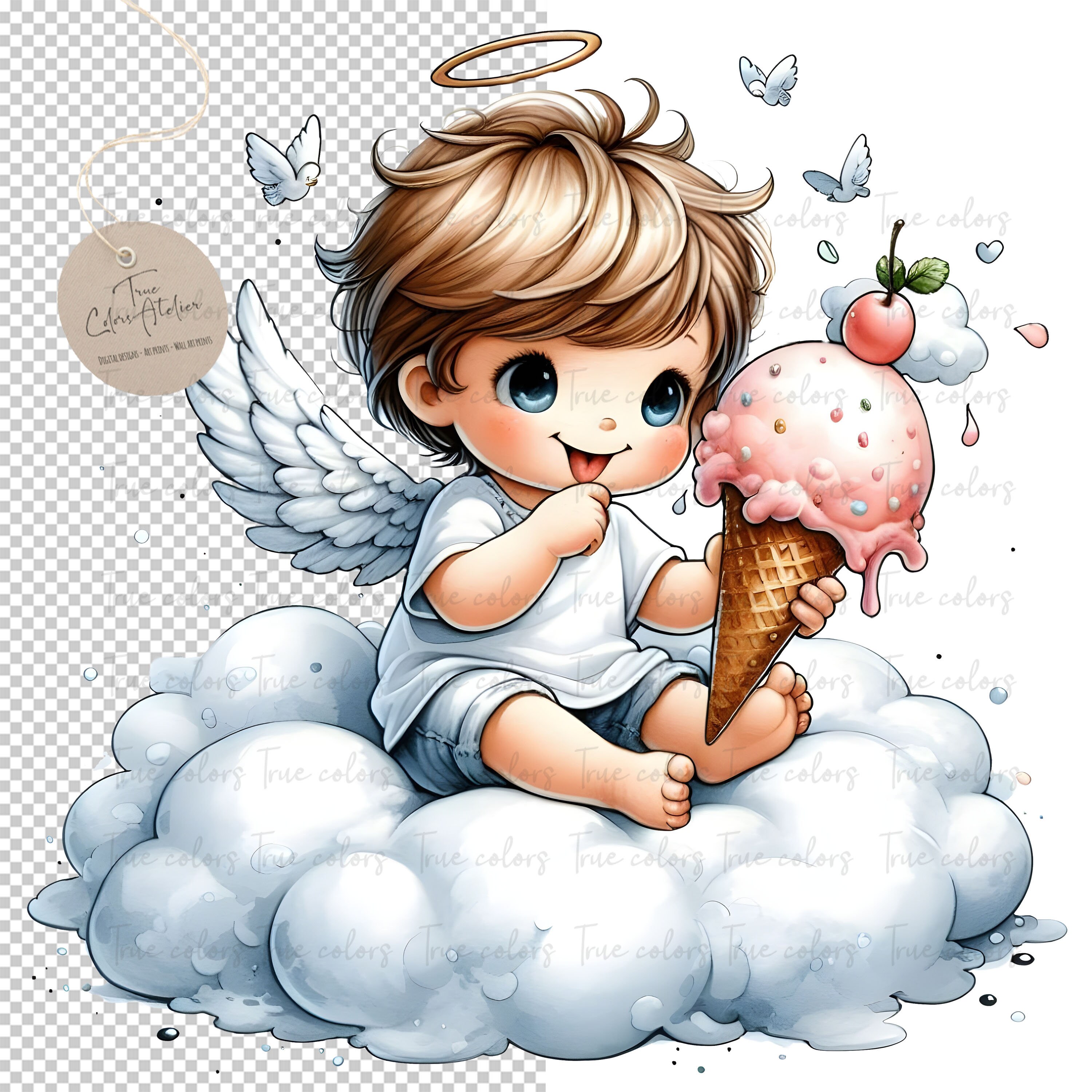 Angel Enjoying Ice Cream Litlle Angel Print Baby Angel Watercolor Angel ...