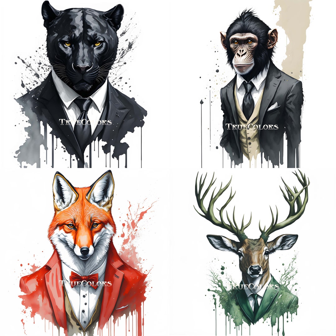 Animal in Suits Clipart PNG Watercolor Animals Sublimation Animals in ...