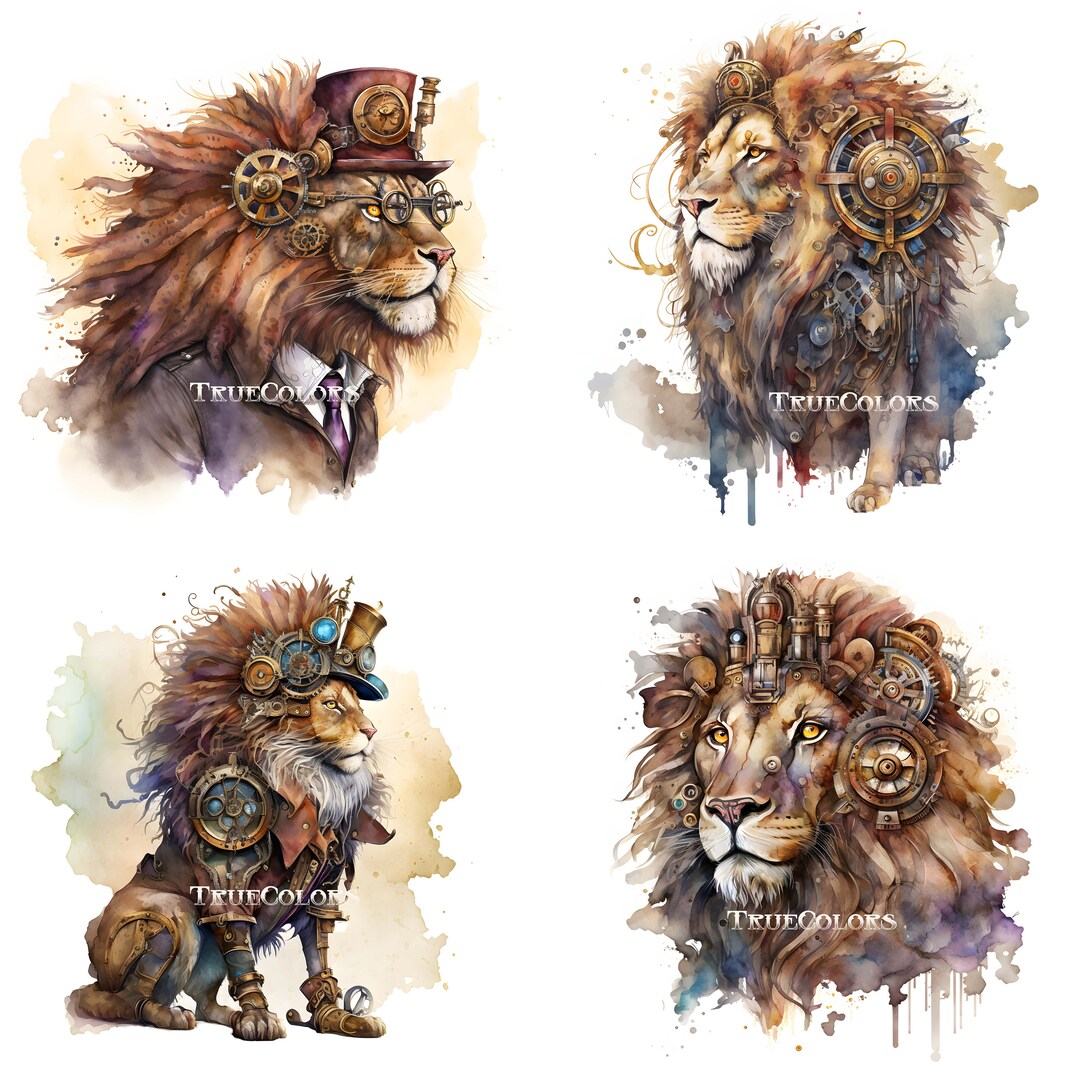 Steampunk Lion Watercolor Steampunk Lion Industrial Style Victorian Era ...